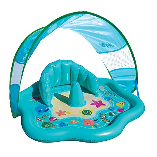 SwimSchool Baby Splash Play Mat with Adjustable Canopy – Inflatable Play Pool for Babies & Infants with Backrest – Includes Baby Water Toy Rings