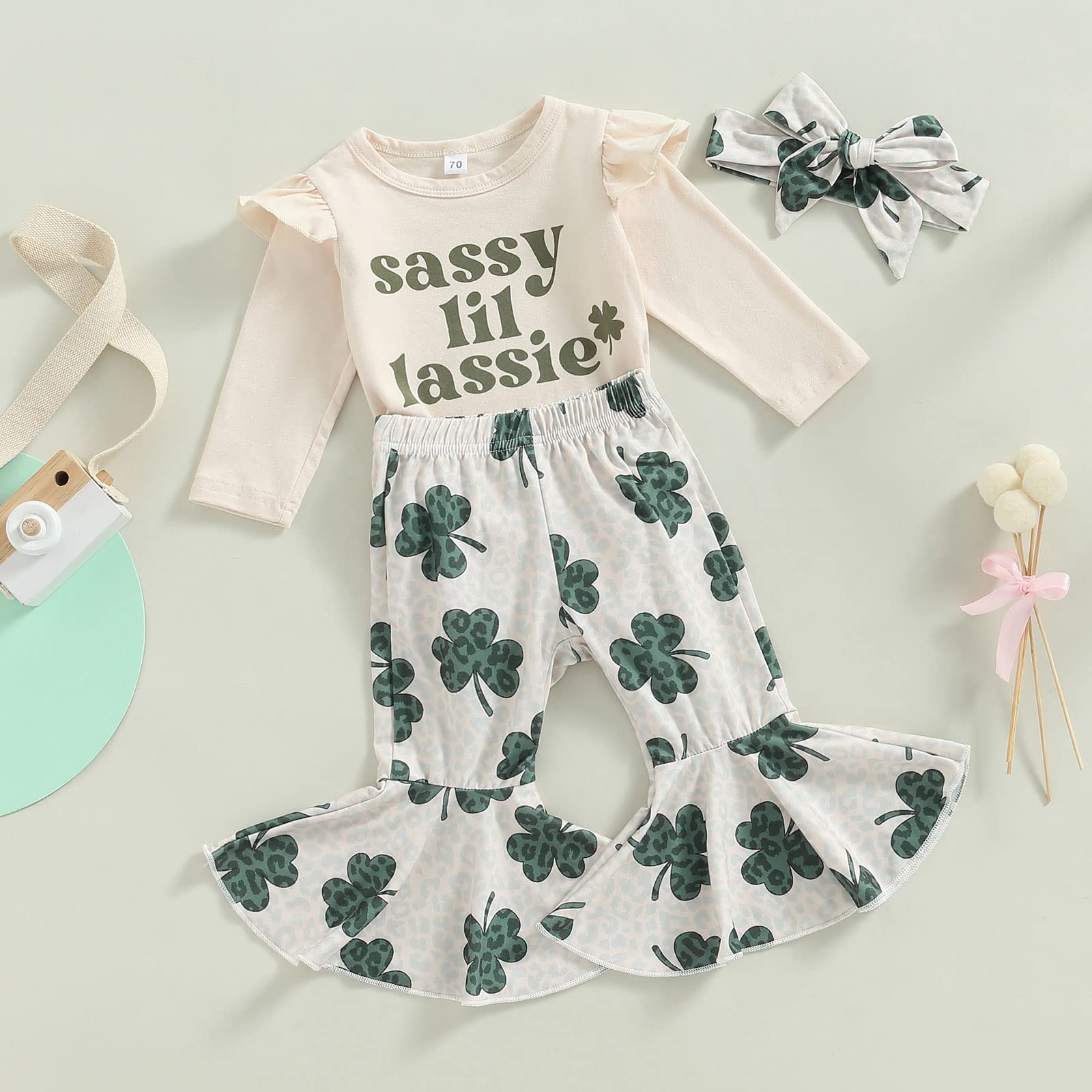 St. Patricks Day Baby Girl Outfit Ruffle Long Sleeve Romper Shamrock Flared Pants Headband 3Pcs Clothes Set (Apricot, 0-6 Months)