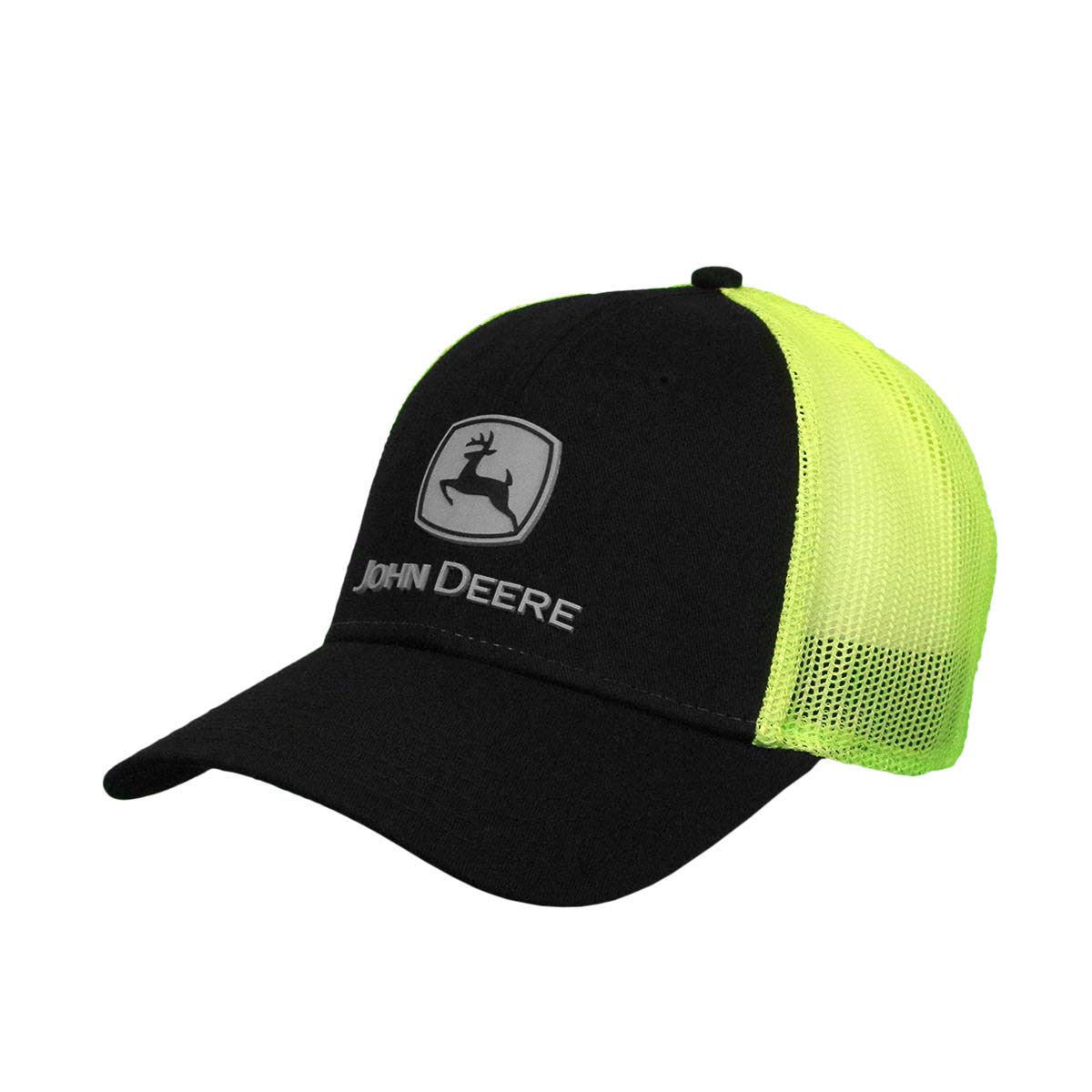 John Deere Hi-Viz Mesh Hat W/Rubber Logo, Black, Black/Hi Vis Yellow, One Size