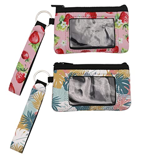 Roctocesy Women's Wallet with Interlayer Zip Id Case Wallet with Wristlet Lanyard Floral Print Key Coin Pouch (Strawberry+Palm Leaves)