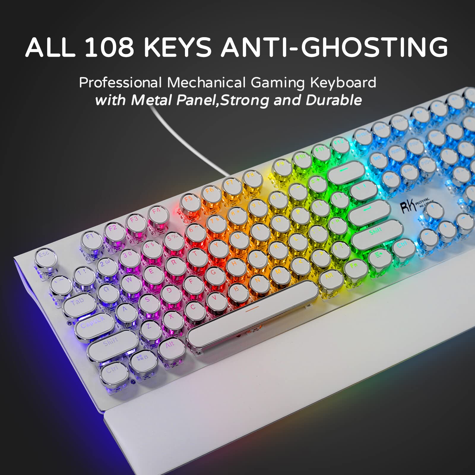 RK ROYAL KLUDGE S108 Typewriter Style Retro Mechanical Gaming Keyboard Wired with True RGB Backlit Collapsible Wrist Rest 108-Key Blue Switch Round Keycap - White