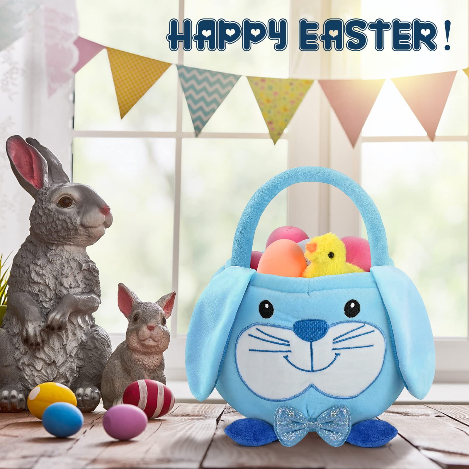 Personalized Easter Baskets for Kids Boys, Easter Decorations Toddler Baby Easter Baskets Empty for Easter Basket Stuffers Eggs Candy Toys- Blue Bunny