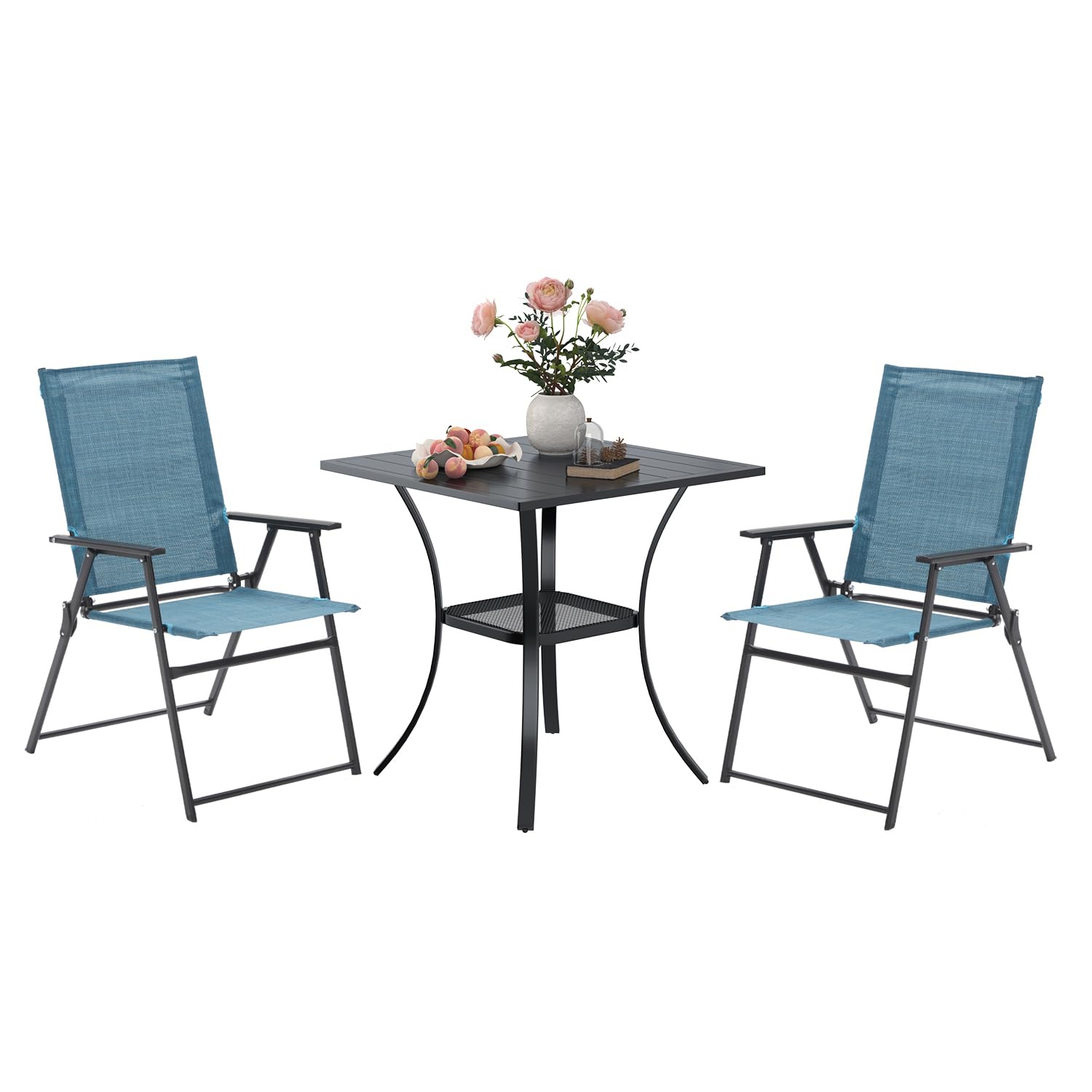 VICLLAX 3 Pieces Small Patio Dining Set, Patio Furniture with 2 Outdoor Foldable Chairs and Black Patio Dining Table, Dark Blue Chairs