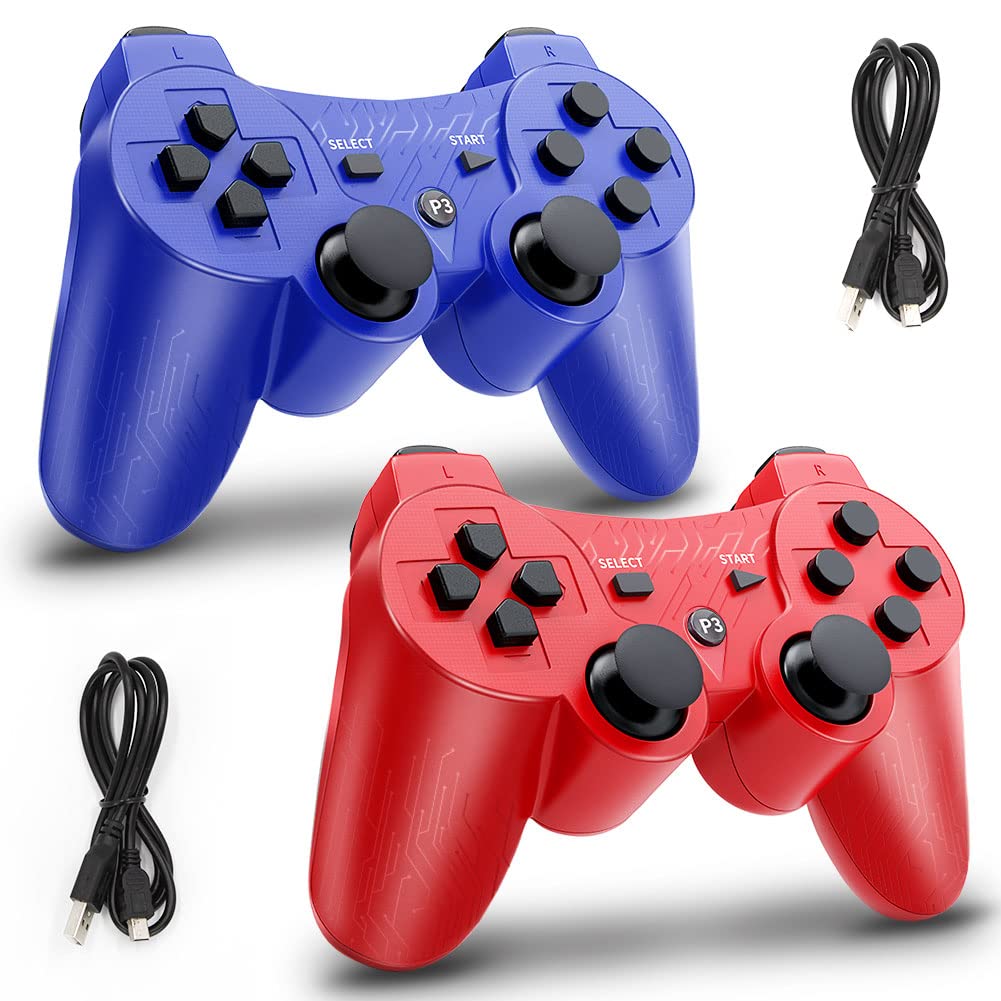 OKHAHA Wireless Controller for PS3 Controller, Remote Controller Wireless for Playstation 3 Controller, Double Shock, New Edition, Blue + Red, 2 Pack