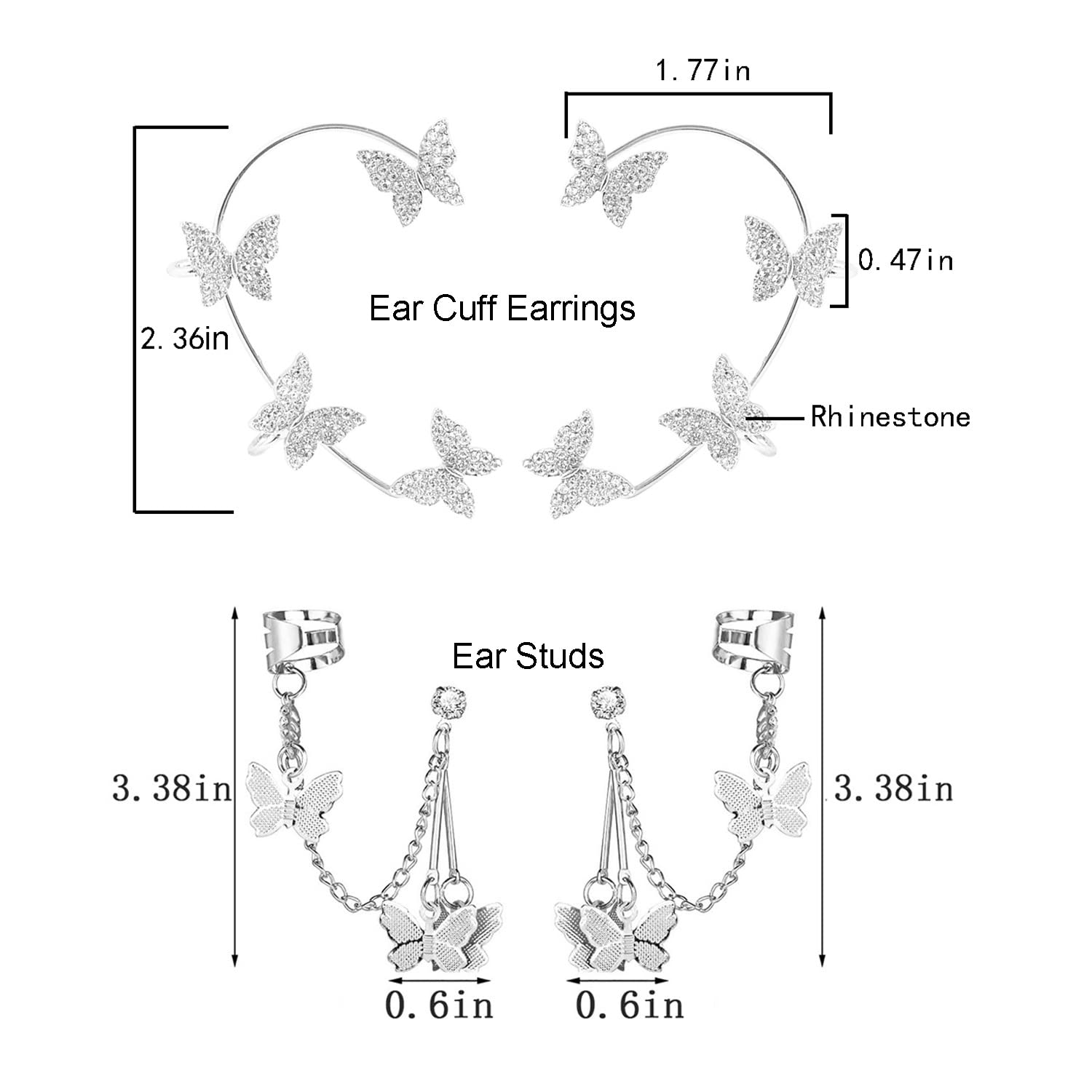 Nanafast 4 PCS Butterfly Dangle Earrings Set for Women Butterfly Tassels Drop Ear Cuff Clip Chain Stud Earrings for Girls-Silver2