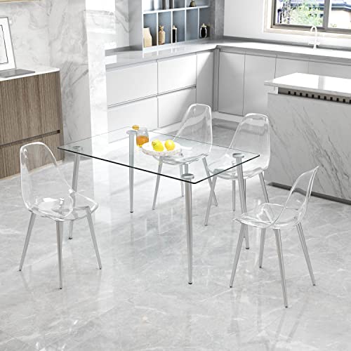 SSLine Modern Acrylic Dining Chairs Set of 4 Chic Elegant Dinner Chair with Silver Metal Base Comfortable Clear Plastic Shell Accent Side Chairs for Kitchen Dining Room Living Room Restaurant