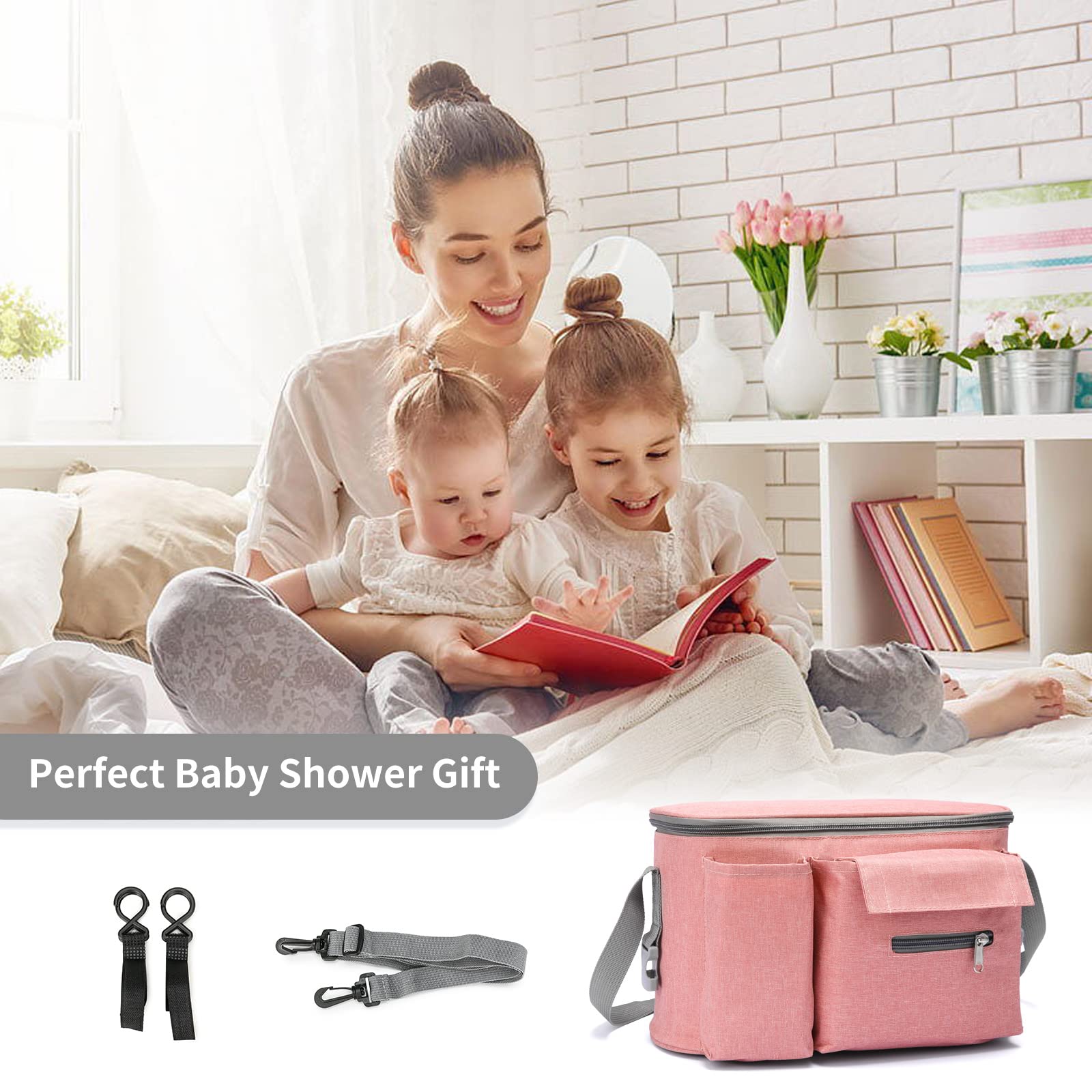 TRENDPLAY Small Diaper Bag, Mini Stroller Organizer Caddy with Wipe Pockets, Caddy with Adjustable Stroller Straps Fit All Strollers, Pink