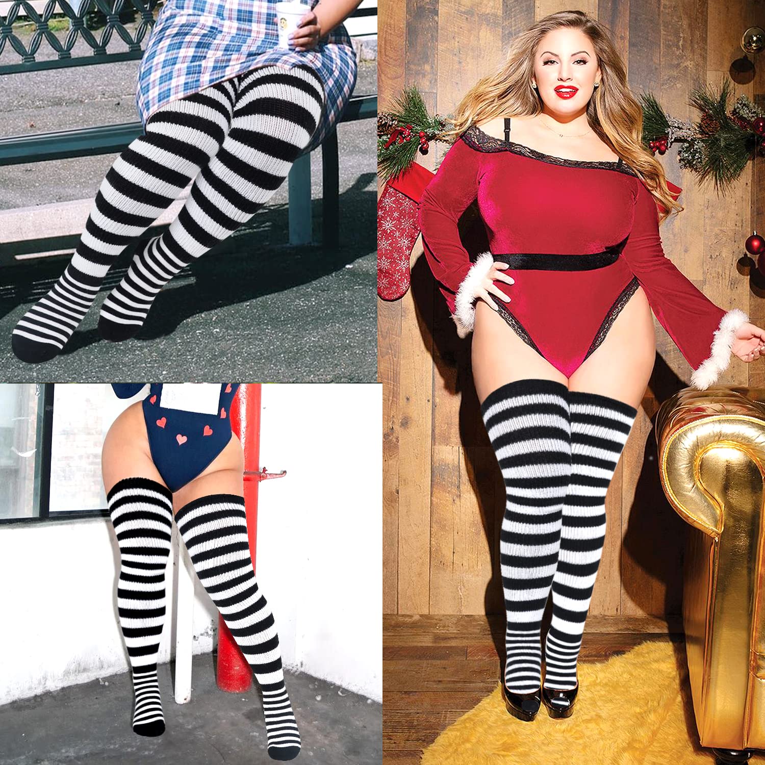 Plus Size Women thigh high socks Long striped warm over the knee socks Thick wide thigh - Leg Warmer Boot Socks - Christmas gift for women