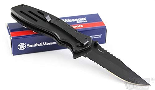 Smith & Wesson Extreme Ops SWA24S 7.1in S.S. Folding Knife with 3.1in Serrated Clip Point Blade and Aluminum Handle for Outdoor, Tactical, Survival and EDC,Black