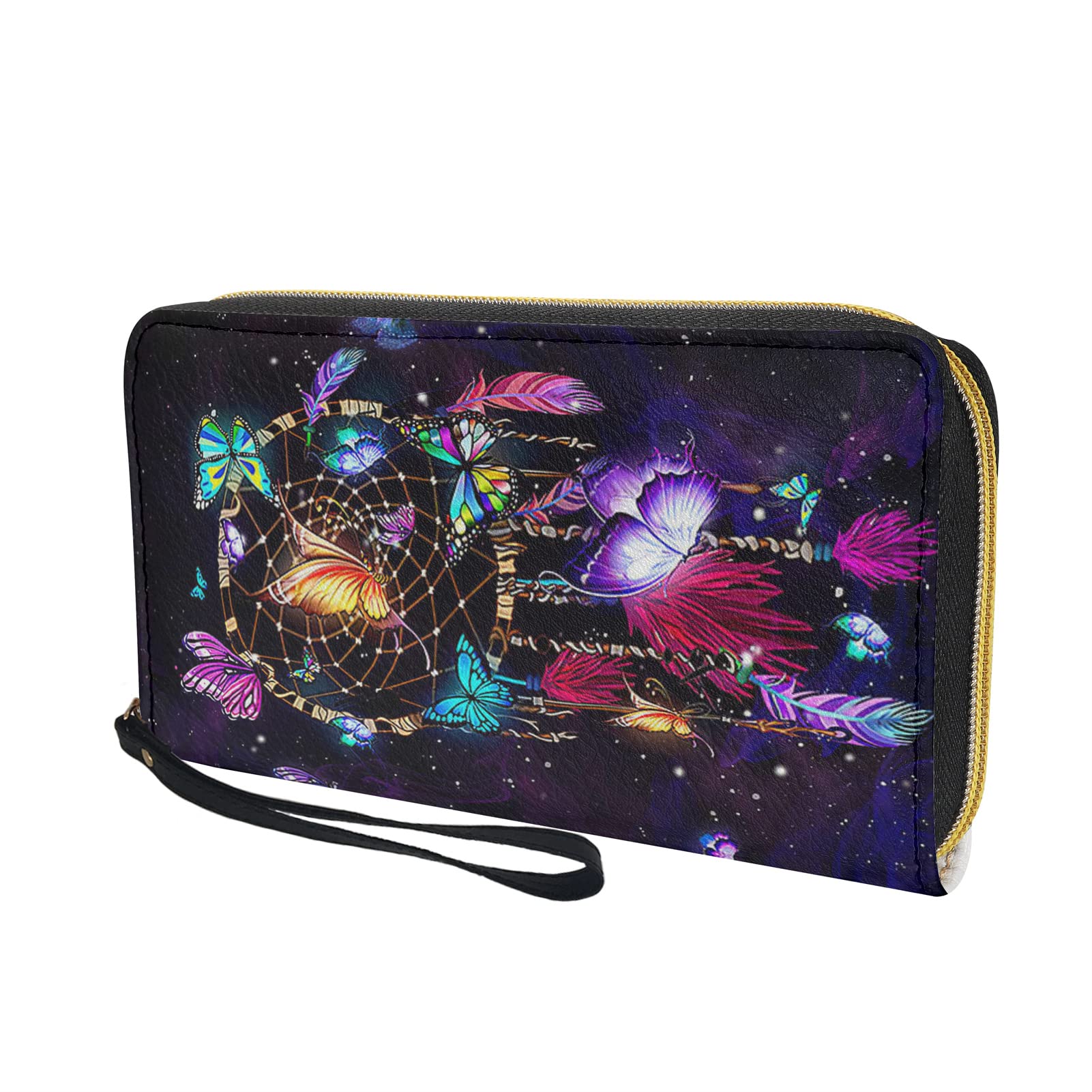 SCRAWLGOD Long Wristlet Wallets for Women's Galaxy Dreamcatcher Butterfly Print Leather Around Zipper Purse Organize