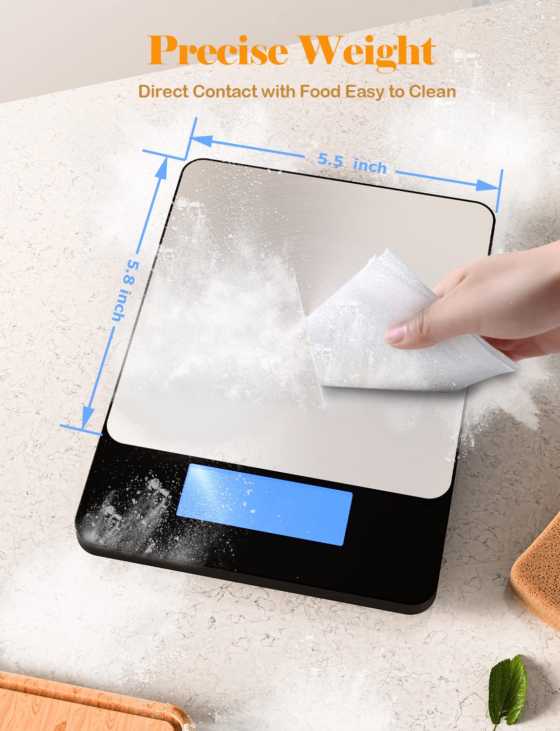 JSK 33lb Digital Food Scale, Rechargeable Kitchen Scale for Food Ounces and Grams, 304 Stainless Steel for Cooking Baking, Batteries and Type-C Charging Cable Included