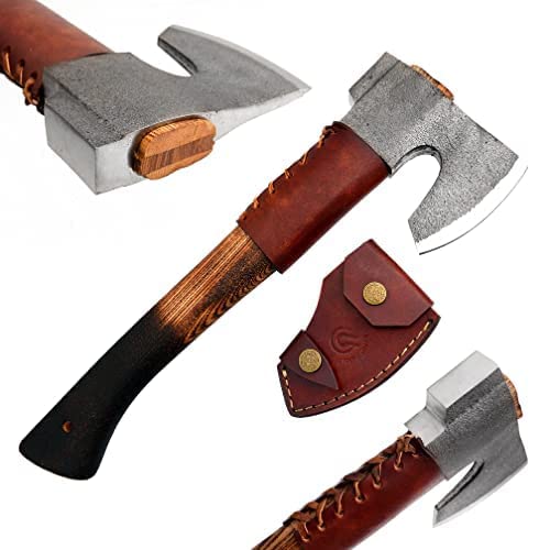 Qureshi Knife Handcrafted Carbon Steel Viking Axe β Gardening Axe - Quality Rosewood Handle Hatchet for Camping Tools - Sturdy 15 Overall Length with 5.3 Cutting Edge, Includes Leather Sheath