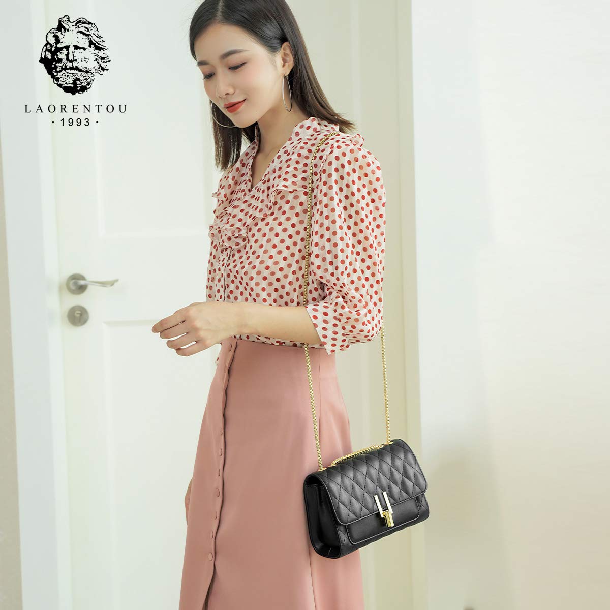 LAORENTOU Cow Leather Small Crossbody Bags for Women Quilted Handbag Purse with Chain Strap Shoulder Purse Clearance