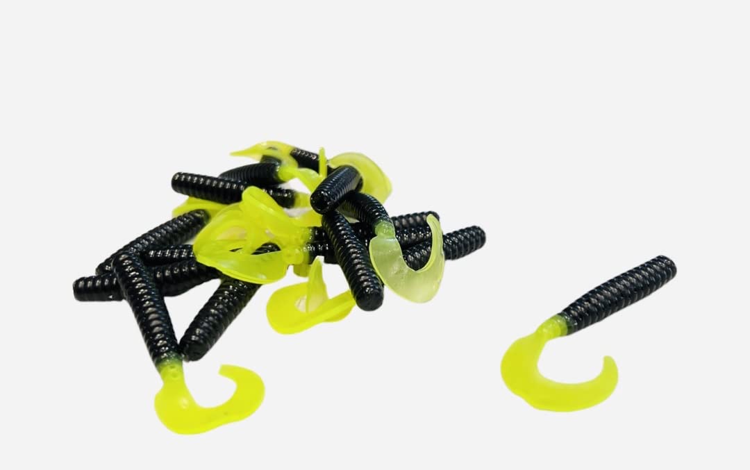 Pure Crappie Pig Tail - Black/Chartreuse 2β - 20 Pack β Curly Tail Grub Lure Perfect Soft Plastic Artificial Bait for Crappie, Walleye, Smallmouth Bass and Many Species of Fish