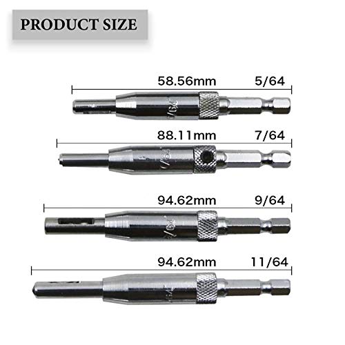Self Centering Drill Bit Set, 4 PCS HSS Self-Centering Hinge Tapper Core Drill Bit Set, Woodworking Tools and Accessories 5/64", 7/64", 9/64", 11/64"