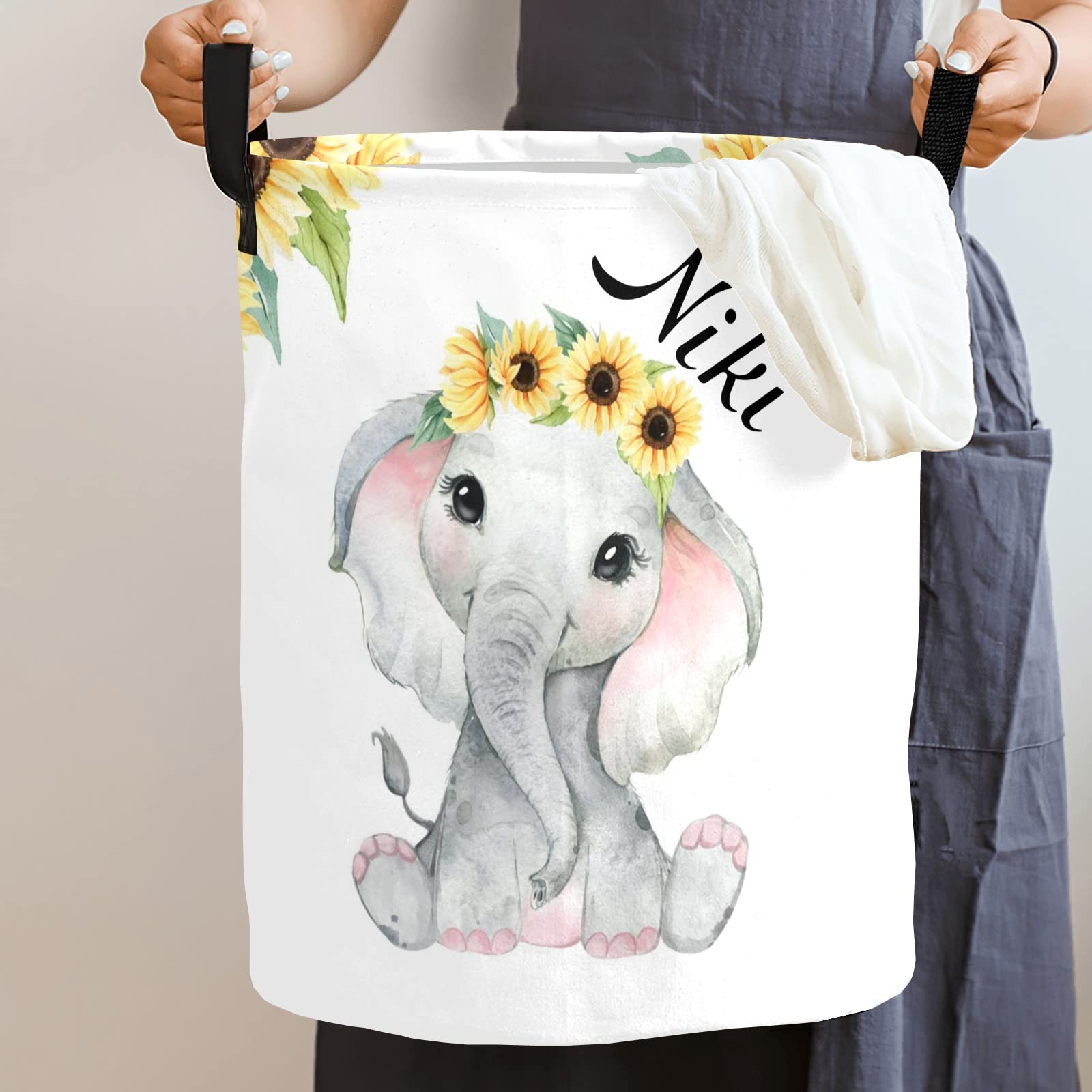 Sunflower Elephant Round Laundry Basket Personalized with Name Waterproof Canvas Clothes Basket Laundry Hamper with Handles for Kids Room Bedroom Gift Baskets