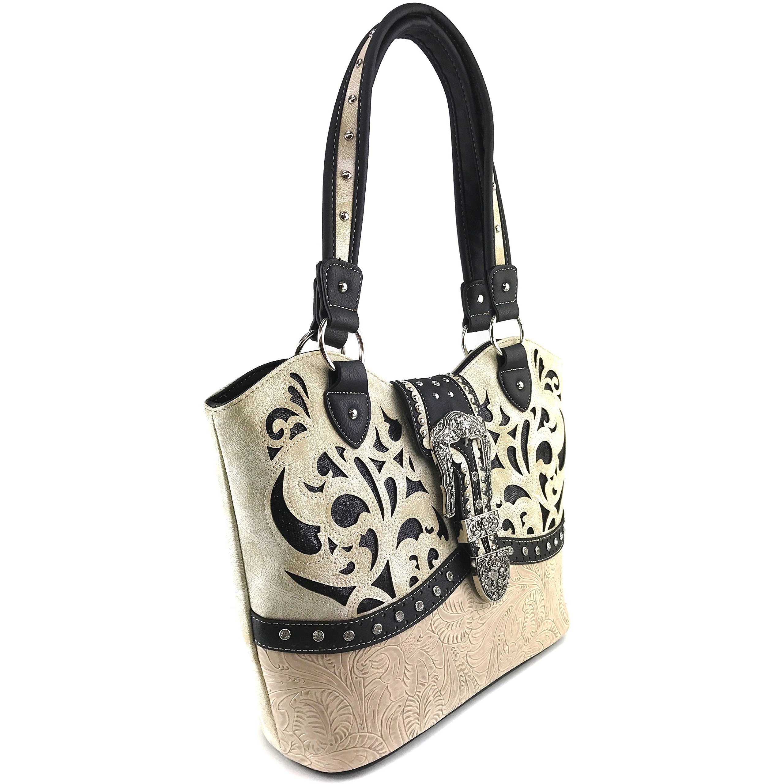 Justin West Tooled Floral Embroidery Buckle Studded Concealed Carry Tote Purse (Beige Purse Wallet Set)