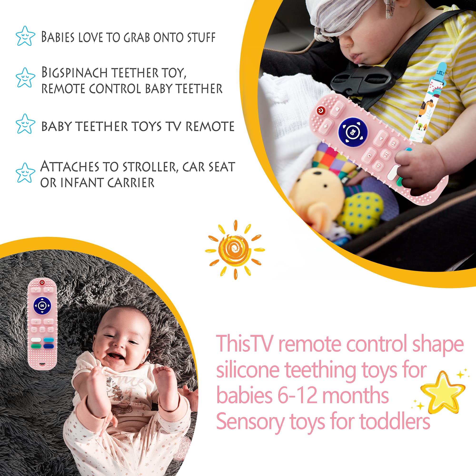 Remote Control Teether Toy for Babies 6 to 12 Months,Baby Teething Toys Tv Remote Shape with Pacifier Clip(Pink)