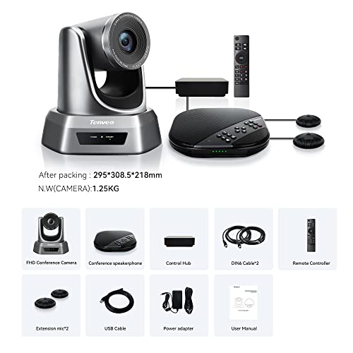 Tenveo All-in-One Video and Audio Conference Room Camera System 10X Optical Zoom USB PTZ with Bluetooth Speakerphone Expansion Microphones for Large Remote Meeting Work with Zoom Skype