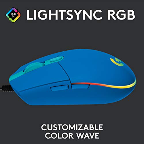 Logitech G203 Prodigy Wired Gaming Mouse, 8,000 DPI, RGB, Lightweight, 6 Programmable Buttons, On-Board Memory, Compatible with PC/Mac - Blue