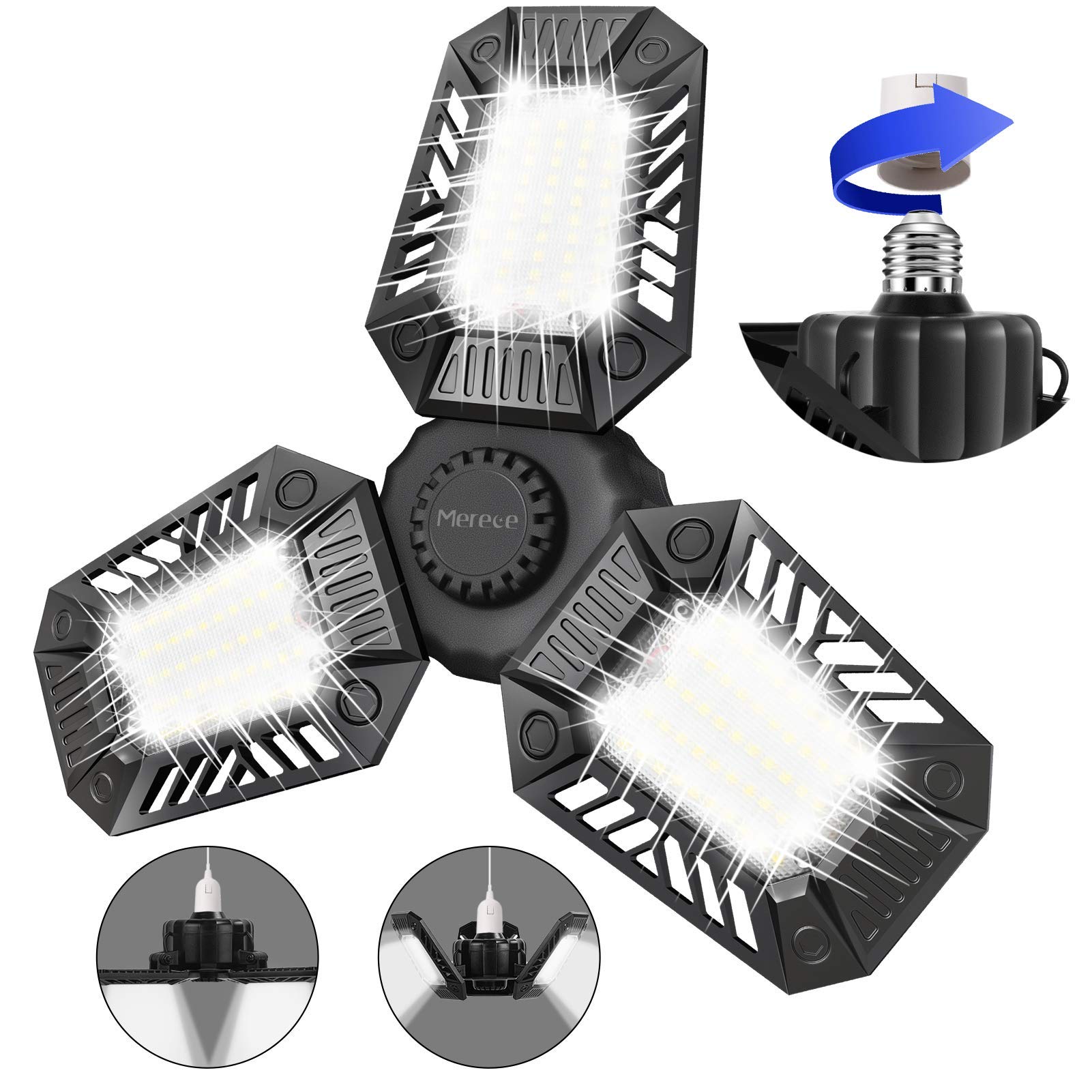 LED Garage Ceiling Light - Merece Upgraded 80W Garage Light Bulb 8000LM E26 Deformable Three Leaf Garage Light, Adjustable Tribright Led Garage Lighting for Shop Warehouse Basement (No Sensor,Black)