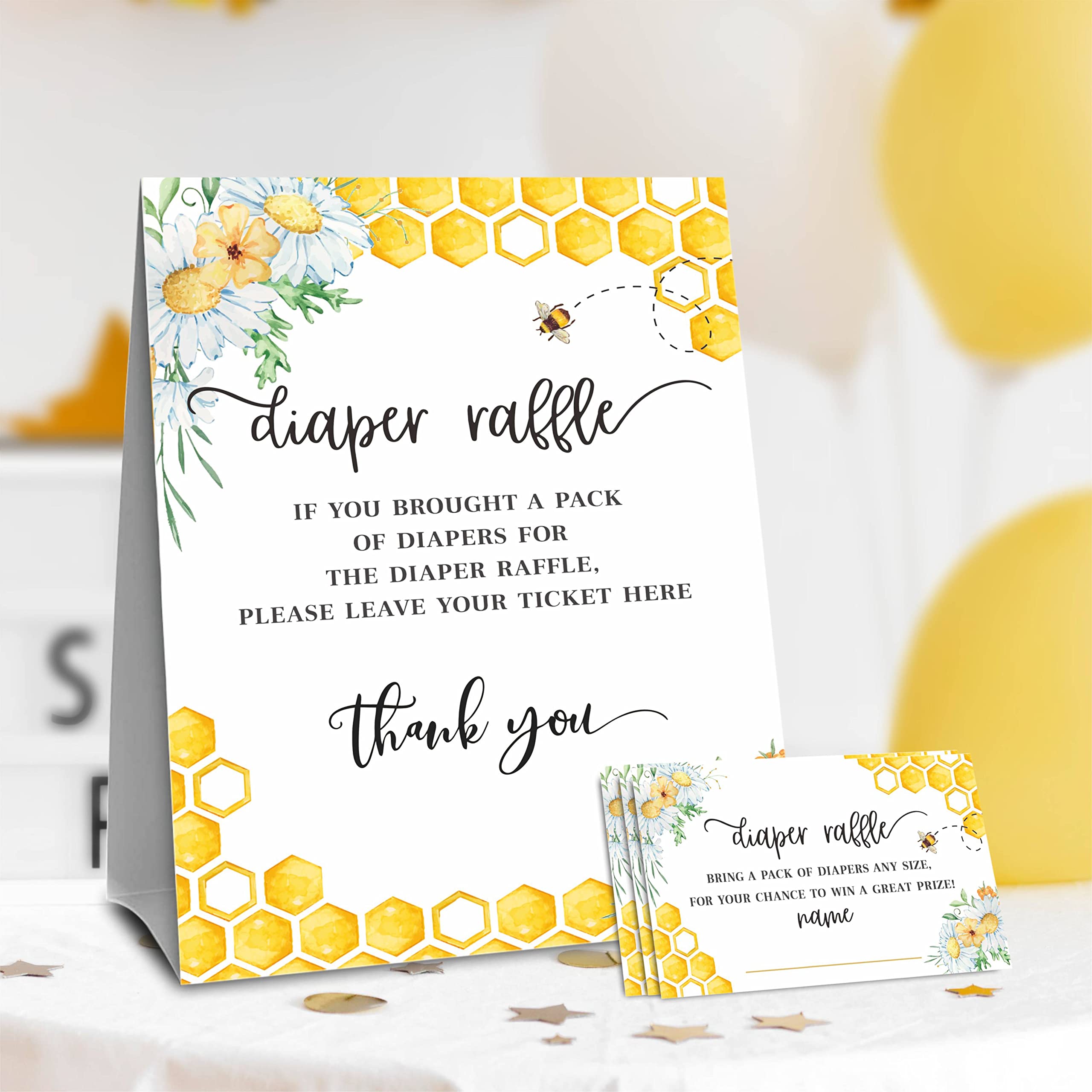 Sweet As Can Bee Baby Shower Game Cards, 50 Diaper Raffle Tickets and 1 Self-standing Diaper Raffer Sign-(LBLK-001)