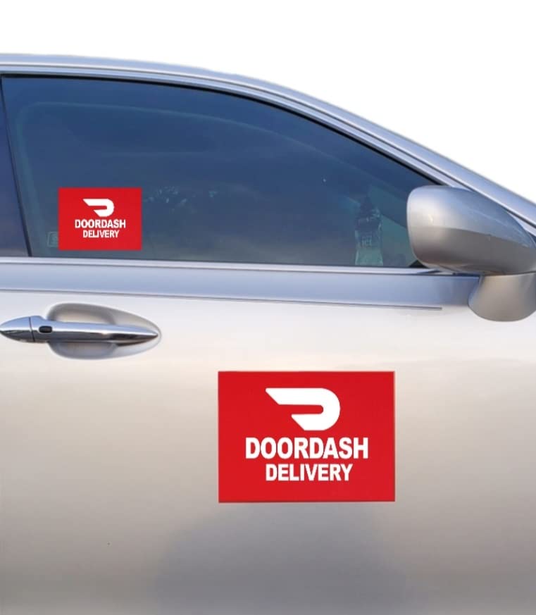 UPGRADED Doordash Car Magnets Door Signs And Stickers for Delivery Drivers (Set of 4) 11Γ7 and 4Γ4 (Red Background DD)