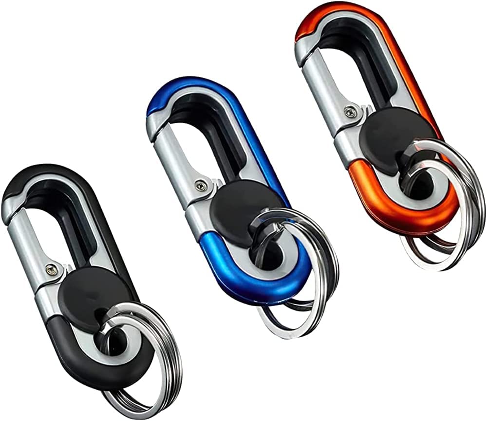 Shardnn Men’s Car Key Chain - Personalized Car Keychain for Men 3 Pack, Double Ring Design, Metal Waistband Car Keychain (Black-Orange-Blue)