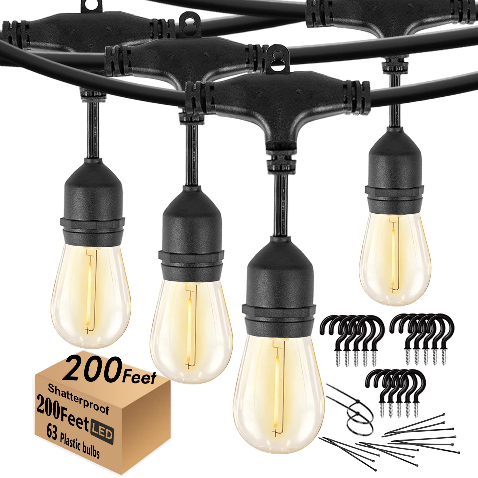 Skeerei 200FT String Lights for Outside LED Patio Lights Outdoor Waterproof with 63 Shatteproof Edison Lights Outdoor String Lights 2200K Outdoor Lights for Patio Gazebo Pergola Café