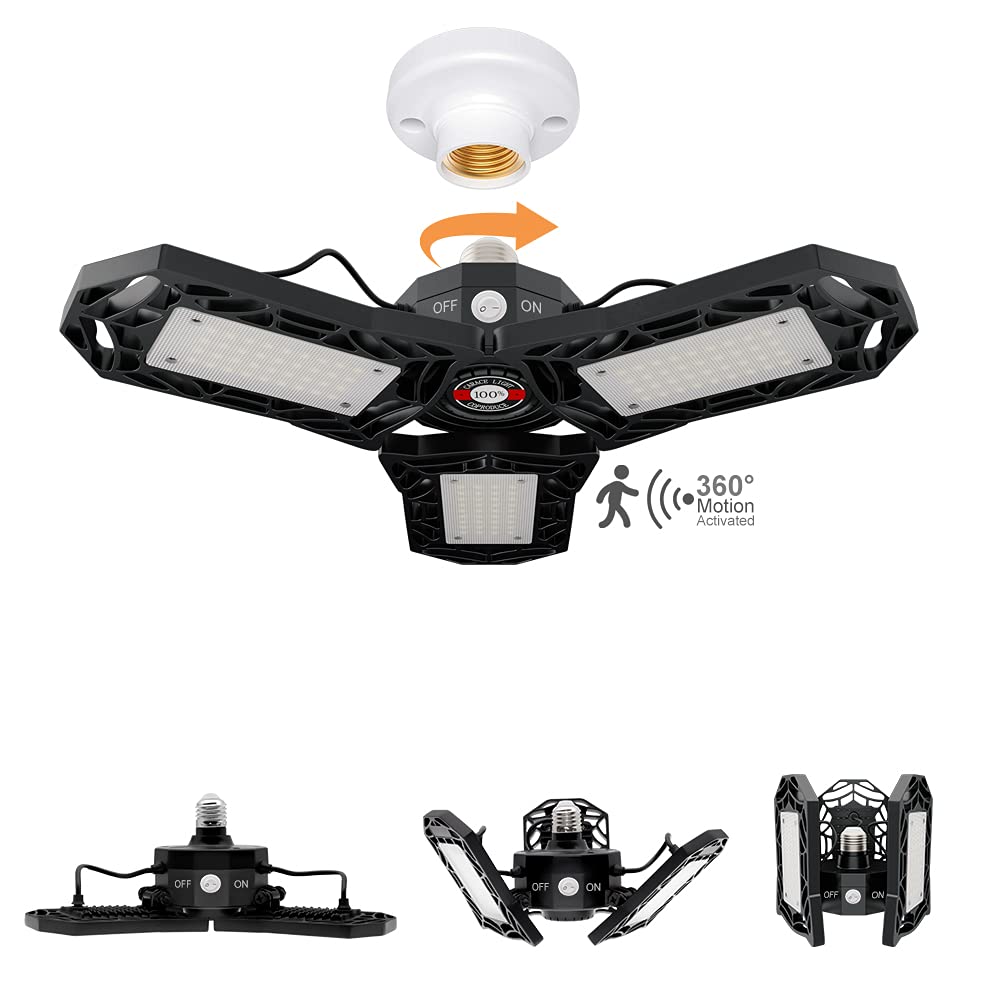 LED Garage Lights, 6000LM 6500K Super Bright Garage Ceiling Light with E26 Screw Socket, LED Three-Leaf Shop Light Adjustable Multi-Position Panels for Garage Attic Basement (Radar Sensor, 100W)
