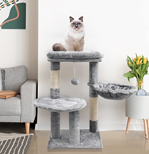 SYANDLVY Small Cat Tree for Indoor Cats, Modern Cat Tower with Scratching Post for Kittens, Climbing Stand with Basket & Hanging Ball for Play Rest