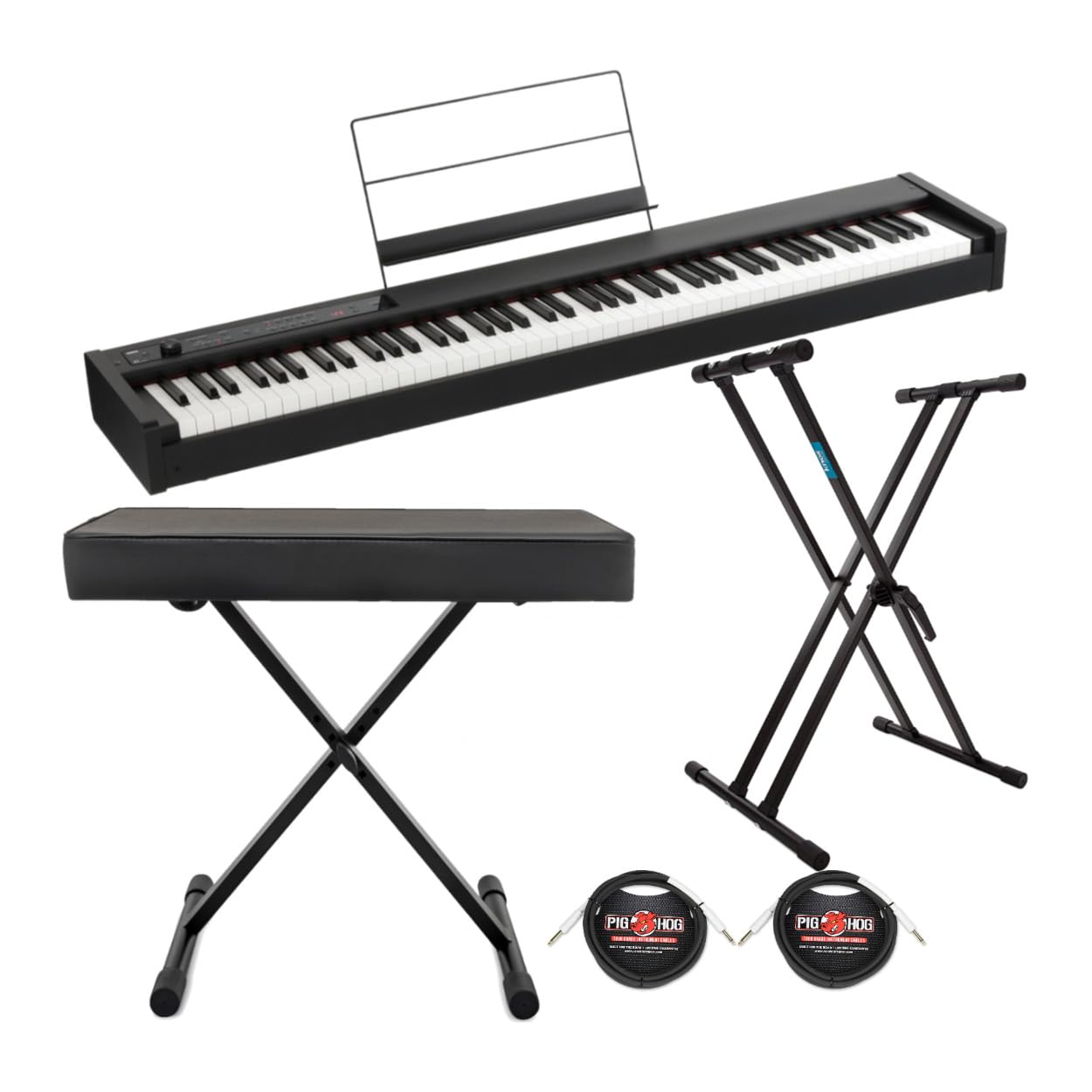 Korg D1 88-Key Digital Piano Bundle with Keyboard Bench, X Keyboard Stand, and Cables (2-Pack) (5 Items)