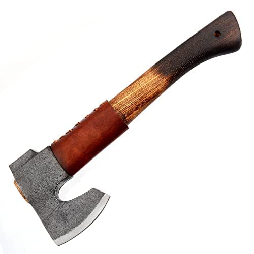 Qureshi Knife Handcrafted Carbon Steel Viking Axe β Gardening Axe - Quality Rosewood Handle Hatchet for Camping Tools - Sturdy 15 Overall Length with 5.3 Cutting Edge, Includes Leather Sheath