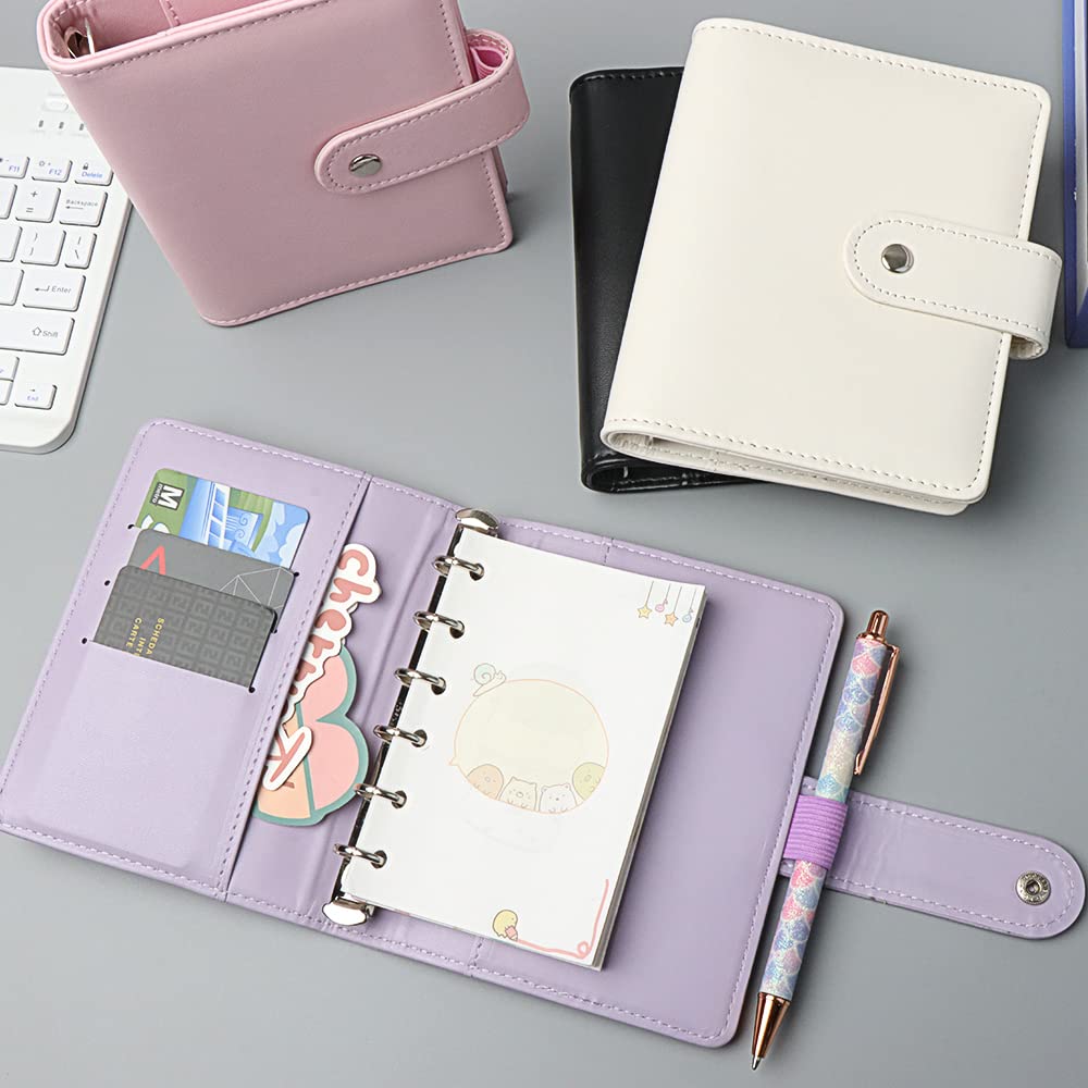 Purple A7 PU Budget Binder, 6 Ring Leather Binder Cover Money Organizer Loose Leaf Refillable Memo Folder Personal Notebook Binder Planner with Snap Closure for Budgeting