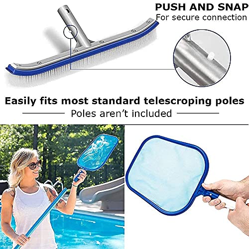 Swimming Pool Brush with Pool Skimmer Net Kit,17.5" Aluminum Pool Cleaning Brush with Nylon Pool Bristles, Heavy Duty Pool Fine Mesh Frame Net, Pool Cleaner Supplies(Pole not Included)