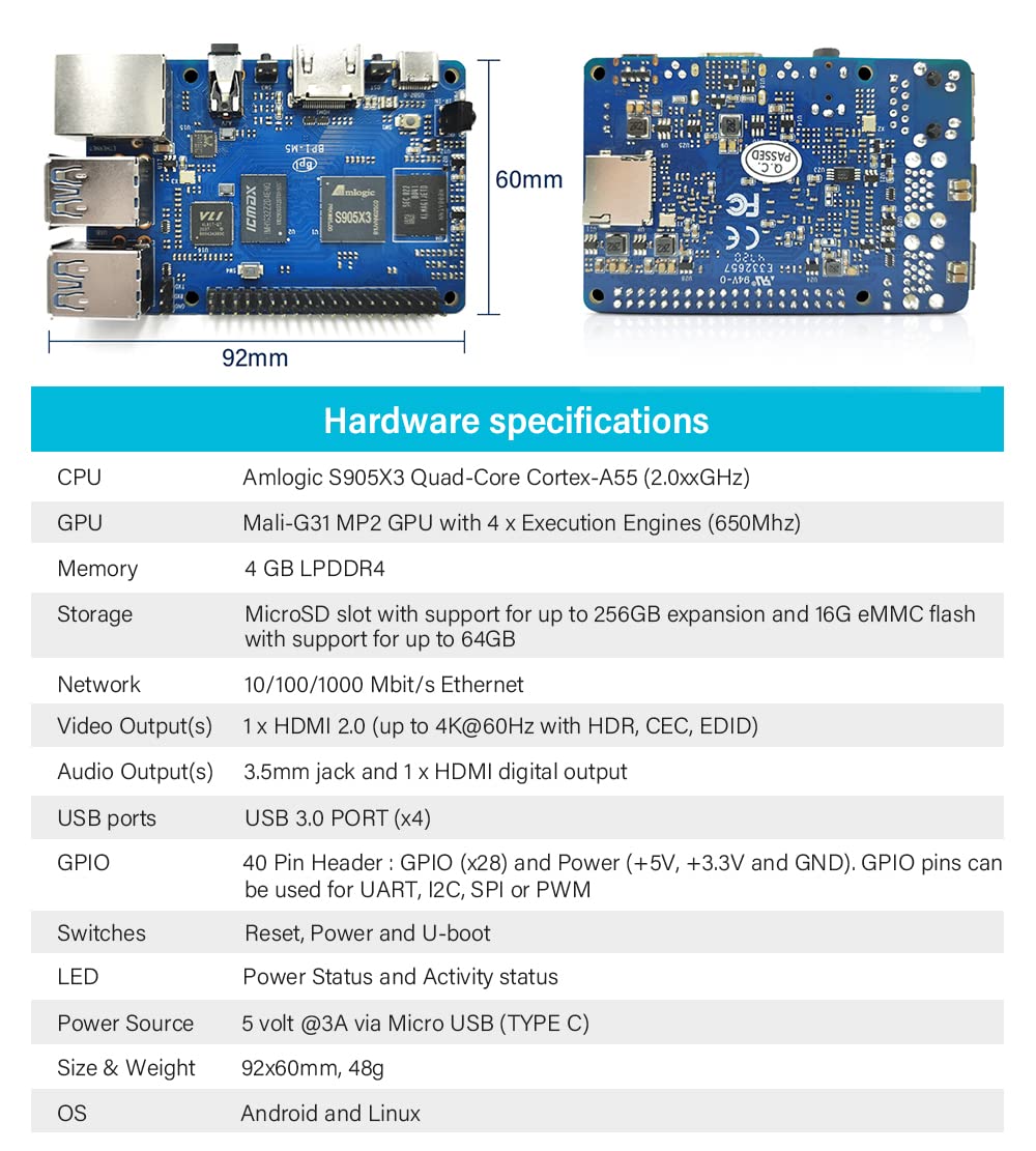 youyeetoo Banana Pi BPI-M5 Amlogic S905X3 Single Board Computer with 4GB RAM and 16G eMMC for AIOT Support Android Debian Raspberry Pi Replacement (with Power,case,Fan)