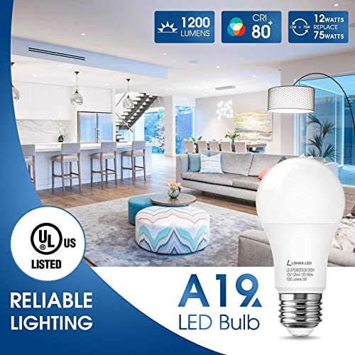 LOHAS Dimmable A19 LED Light Bulb, 12W LED Bulbs Daylight White 5000K, 75WEquivalent, 1200LM Edison Bulb, E26 Standard Base LED Bulb, UL Listed, 2 Pack