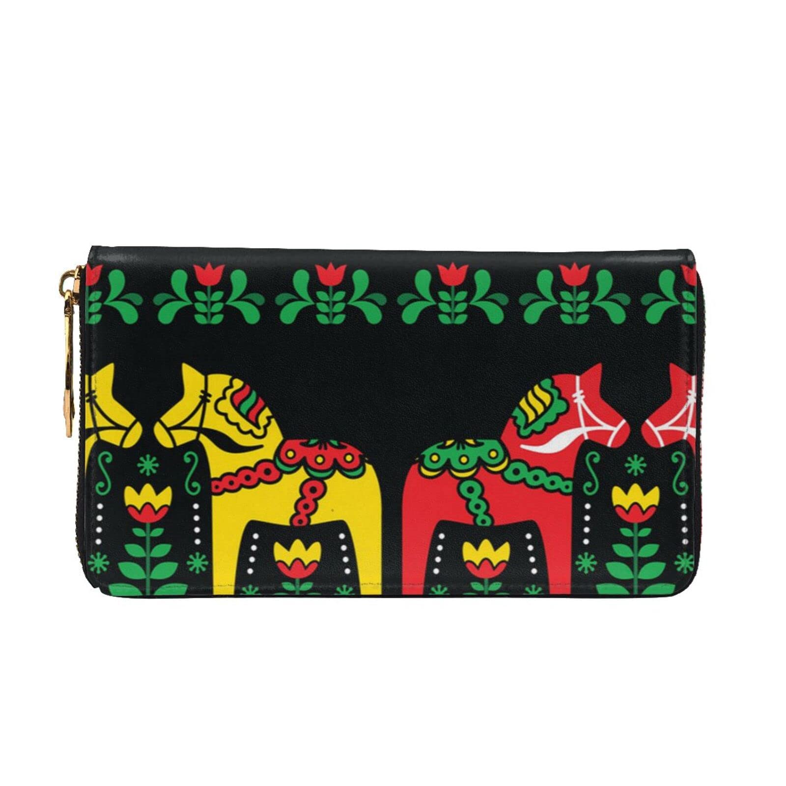 Runner Swedish Dala Horse Folk Printed Men'S And Women'S Leather Wallets, Large Capacity Wallets, Long Clutch Bags, Portable Wristlet With Zipper