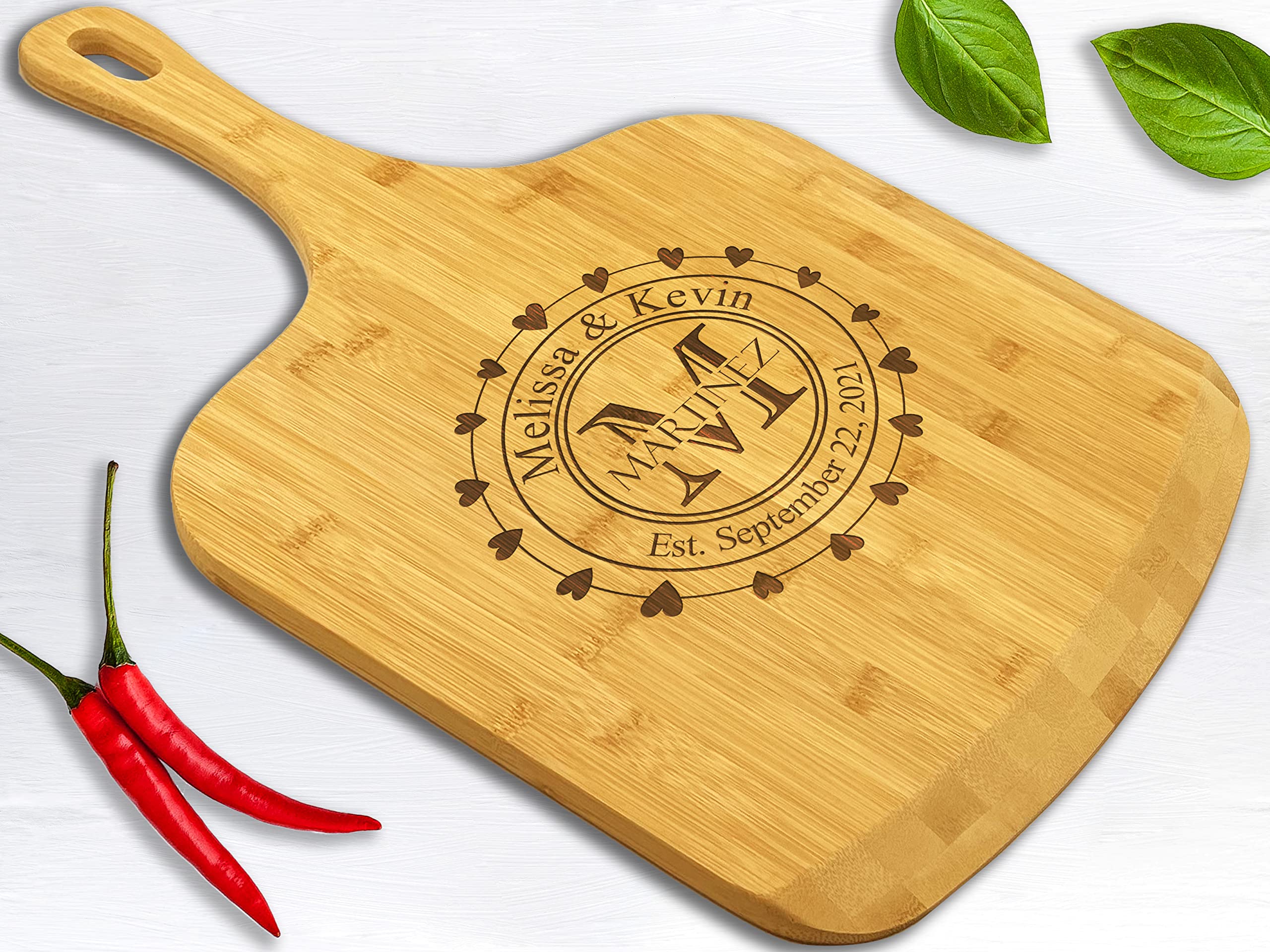 Personalized Bamboo Pizza Board with Handle Customized Wood Serving Cutting Pizza Board with Engraved Custom Name Monogram โ Wedding, Anniversary, Housewarming, Birthday, Mom, Dad Gift