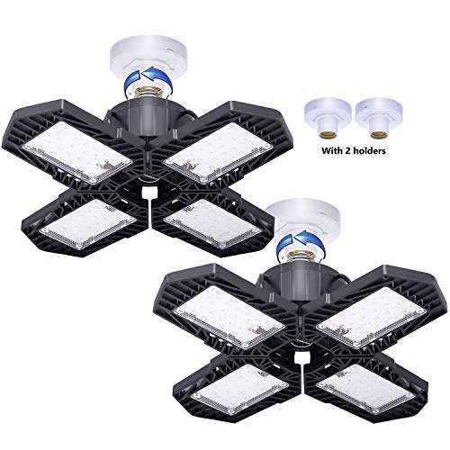 LED Garage Light,60W Four Leaf Tribright Deformable LED Lights, 6000 Lumen Quadruple Glow LED Garage Light, CRI 80, 6000K Retractable Garage Ceiling Light for Warehouse, Basement, Barn (Black-2 Pack)