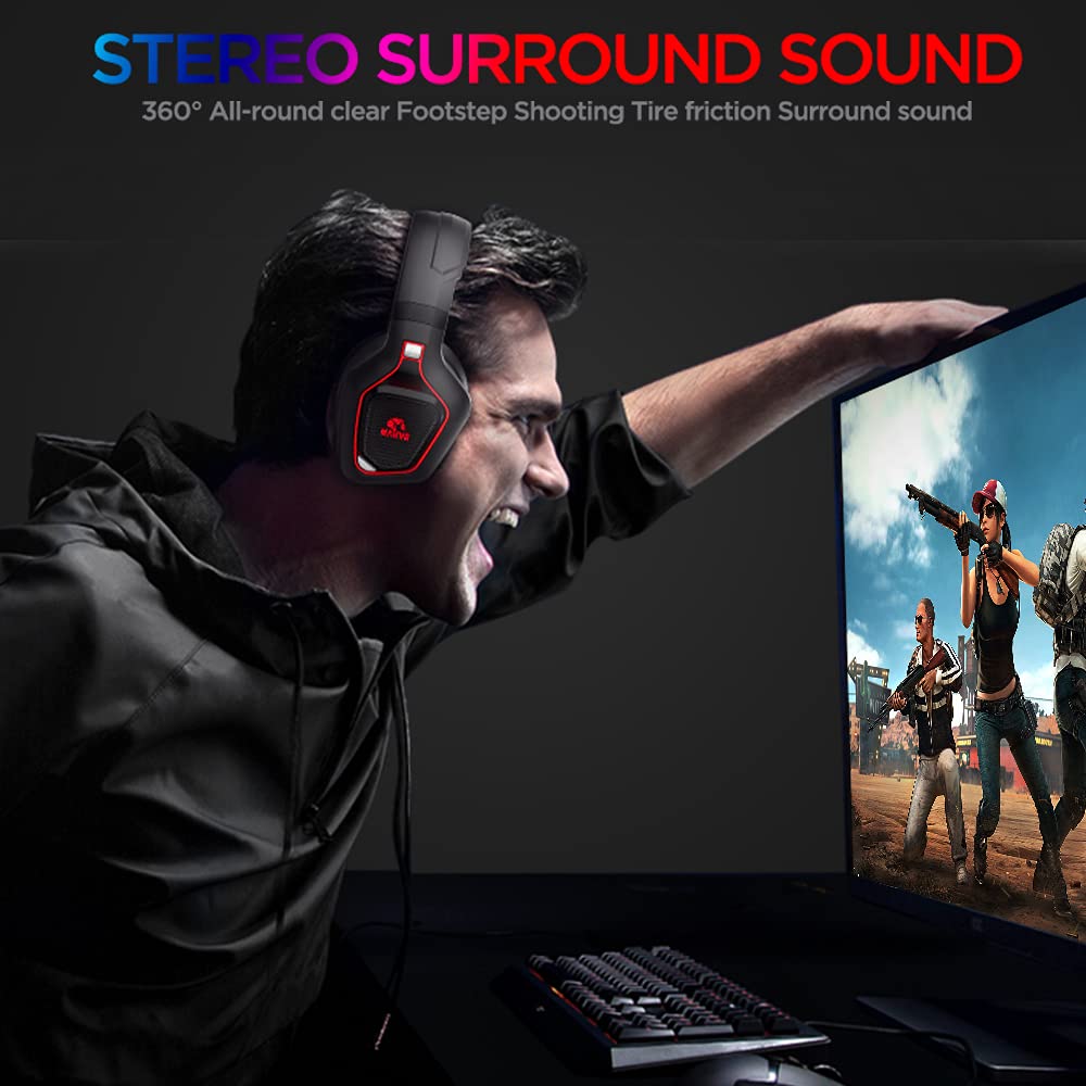 MARVO Gaming Headset with Microphone for Xbox One, PS4/5, PC, Gaming Headphones with 3D Stereo Sound, LED Light, USB + 3.5mm Jack, Comfortable Leather Ear Pad