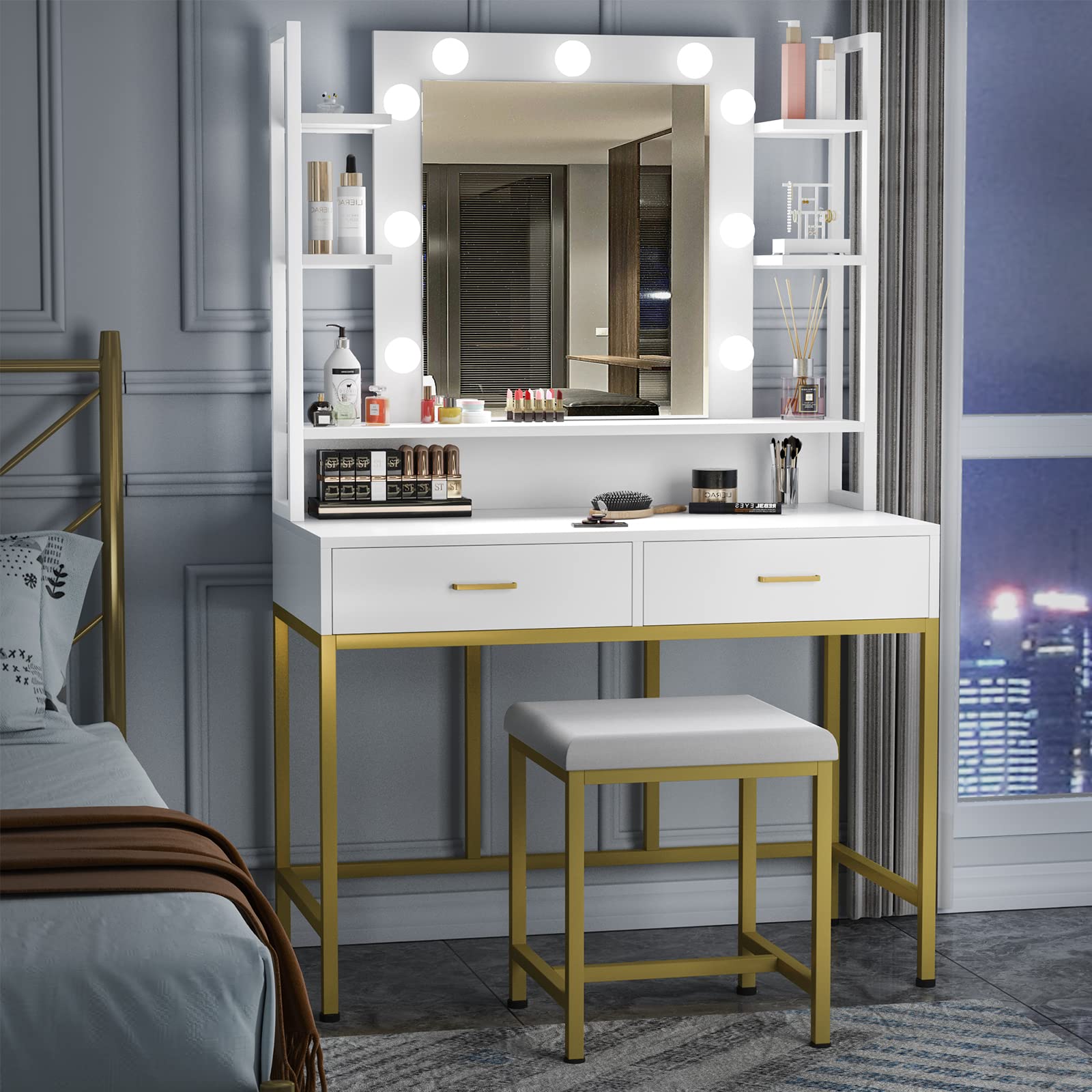 KCRET Vanity Set with Lighted Mirror, Makeup Vanity Dressing Table with LED Light & 2 Drawer, Storage Shelves and Cushioned Stool for Bedroom