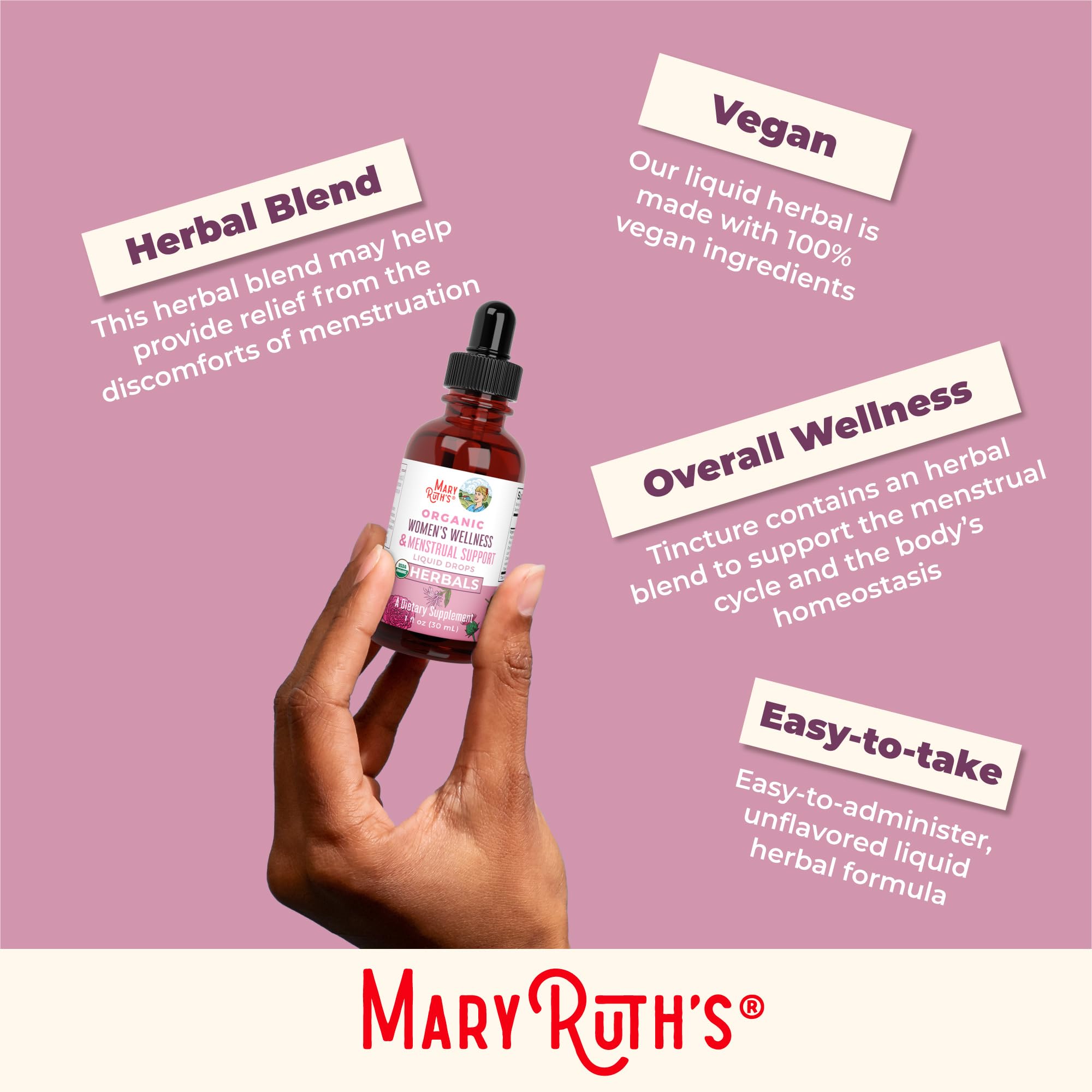 MaryRuth Organics USDA Organic Women's Wellness Liquid Herbal Supplements | Includes Stinging Nettle, Raspberry Leaf, Eleuthero Root, Chaste Tree Berry | Menstrual Support | Non-GMO, Vegan