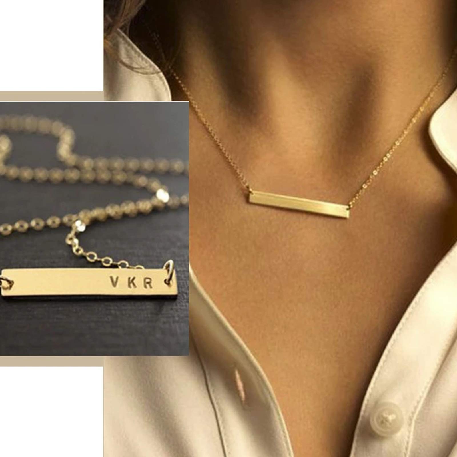 MRENITE 10k 14k 18k Solid Yellow Gold Personalized Horizontal Bar Necklace β Engravable Blessings Letters Nameplate Bar Pendant - Custom Any Name Gift for Women (Slim Bar)