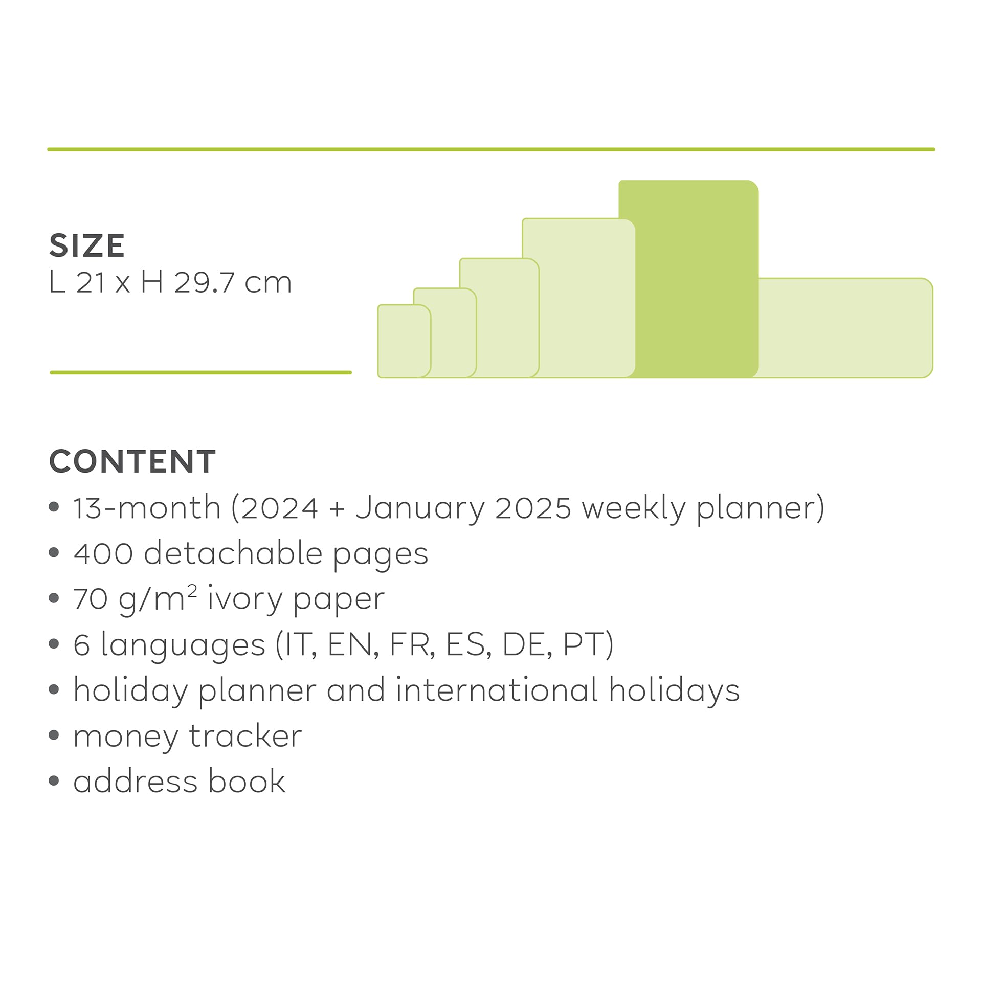 Legami - Maxi Daily Diary, 13 Months, from January 2024 to December 2024 with Weekly Planner January 2025, 400 Detachable Pages, Elastic Closure, Address Book, 21 x 29.7 cm, Black Onyx