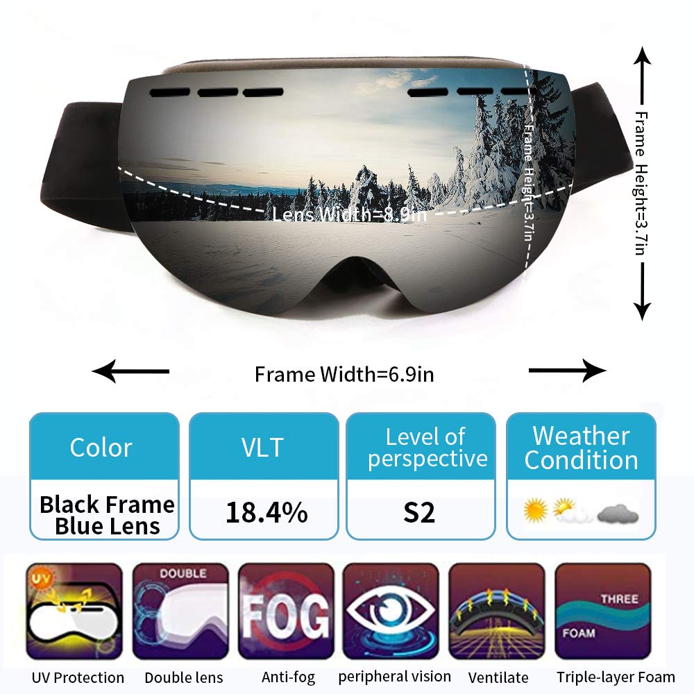 LR Ski Goggles Snowboard Goggle Over Glasses with Anti-Fog Spherical Dual Interchangable Lens for Men Women UV400 3002 (Black/Classic Grey)
