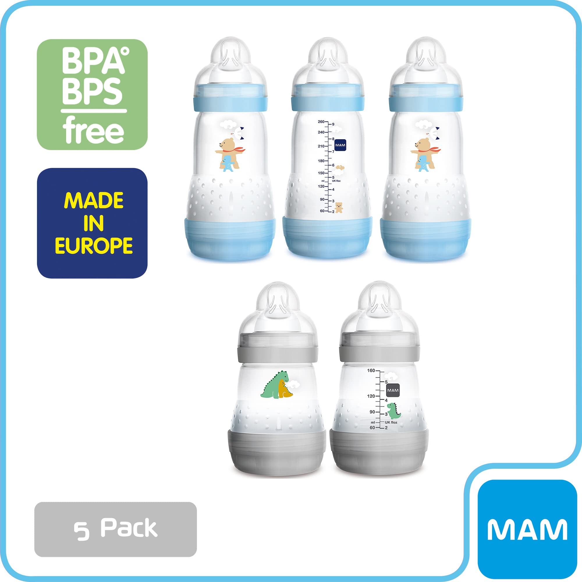 MAM Easy Start Anti-Colic Slow and Medium Flow Bottles 5 oz and 9 oz (5-Count), Gray and Blue