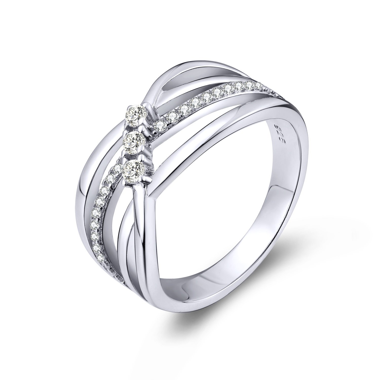 JO WISDOM 925 Sterling Silver Intercrossed Engagement Ring with AAA Cubic Zirconia Size 7