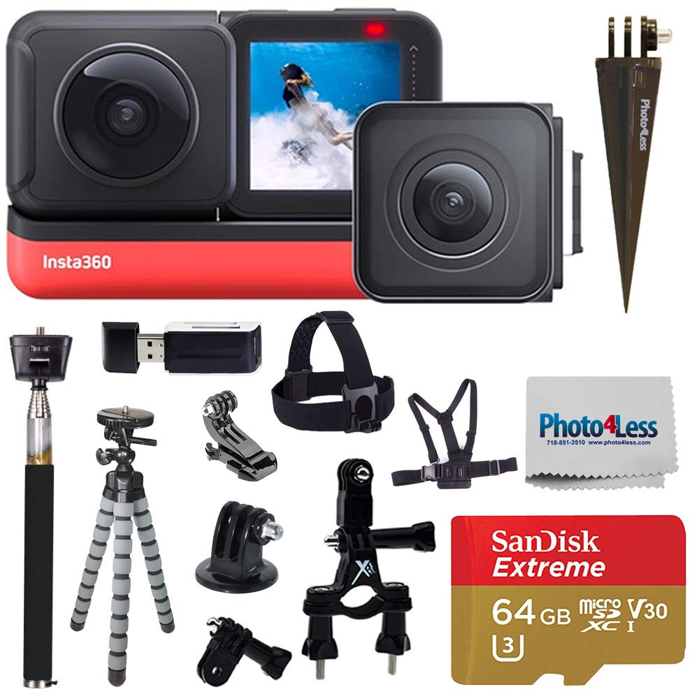 Insta360 ONE R Twin Edition (360 Camera + 4K Wide Angle) + SanDisk 64GB SD Card + Monopod + Chest Strap + Head Strap + Bike Mount - Top Accessory Bundle
