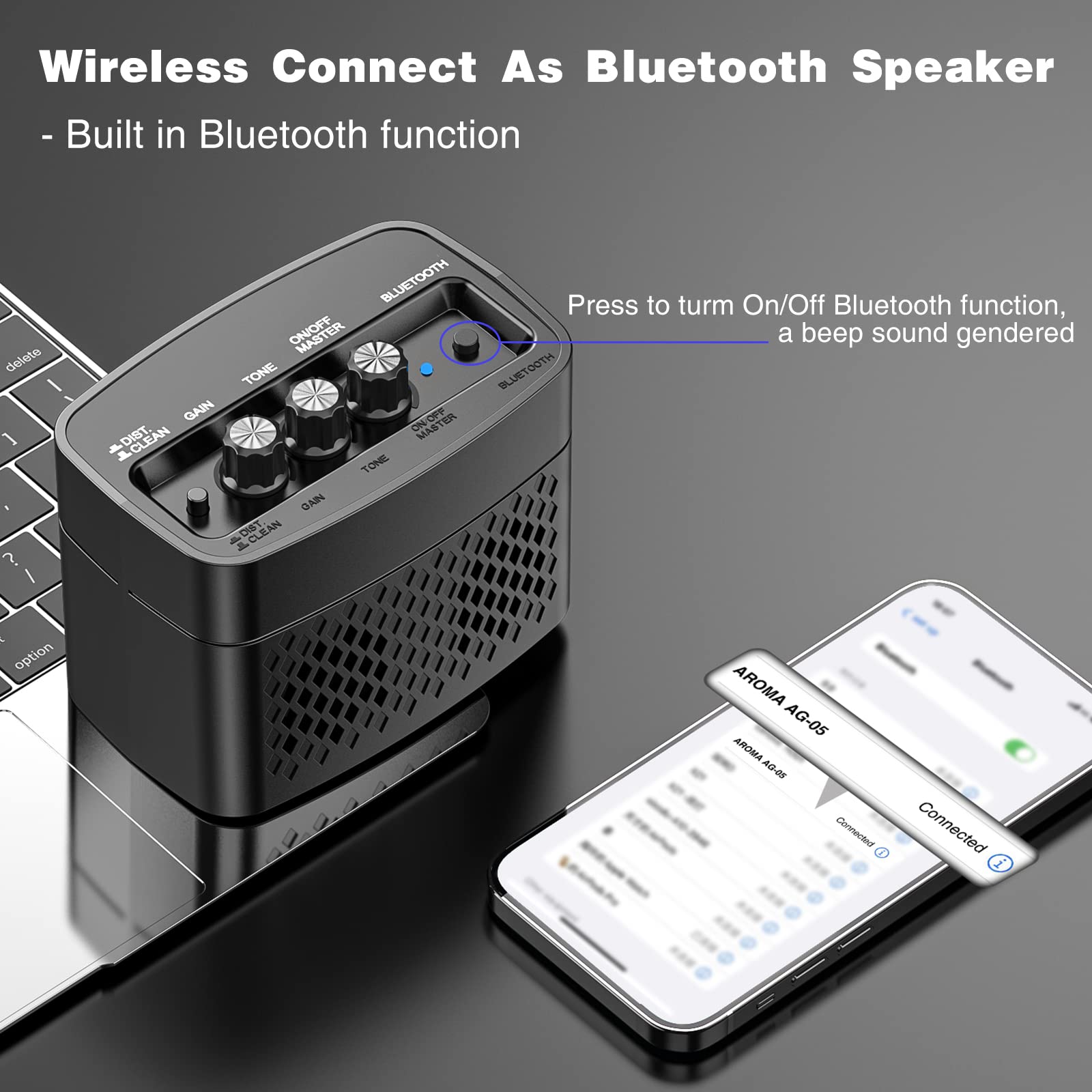 POGOLAB Mini Guitar Amp, 5W Small Portable Electric Guitar Amplifier, Clean & Distortion Effects 2 Channels, Rechargeable Bluetooth Speaker with Headphone Jack, for Daily Guitar Practice (Black)